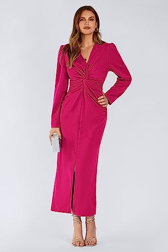 PRETTYGARDEN Women's Fall Fashion 2023 Long Puff Sleeve Maxi Dresses V Neck Twist Front Formal Dress with Slit (Rose Red,Medium)