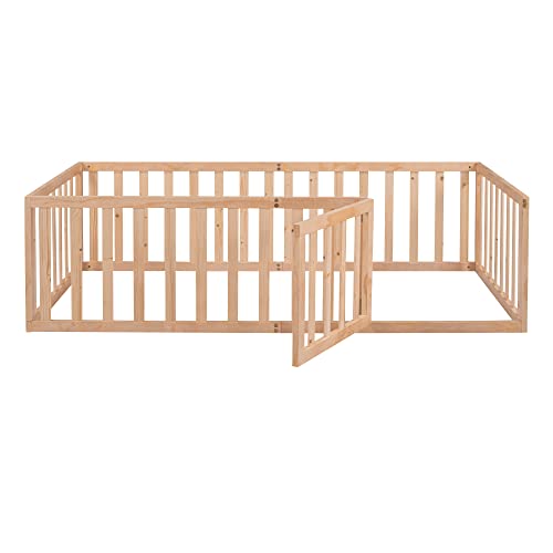 LZ LEISURE ZONE Twin Size Platform Bed with Fence, Solid Wood Floor Bed Frame with Door, Twin Size Daybed Fram, Natural