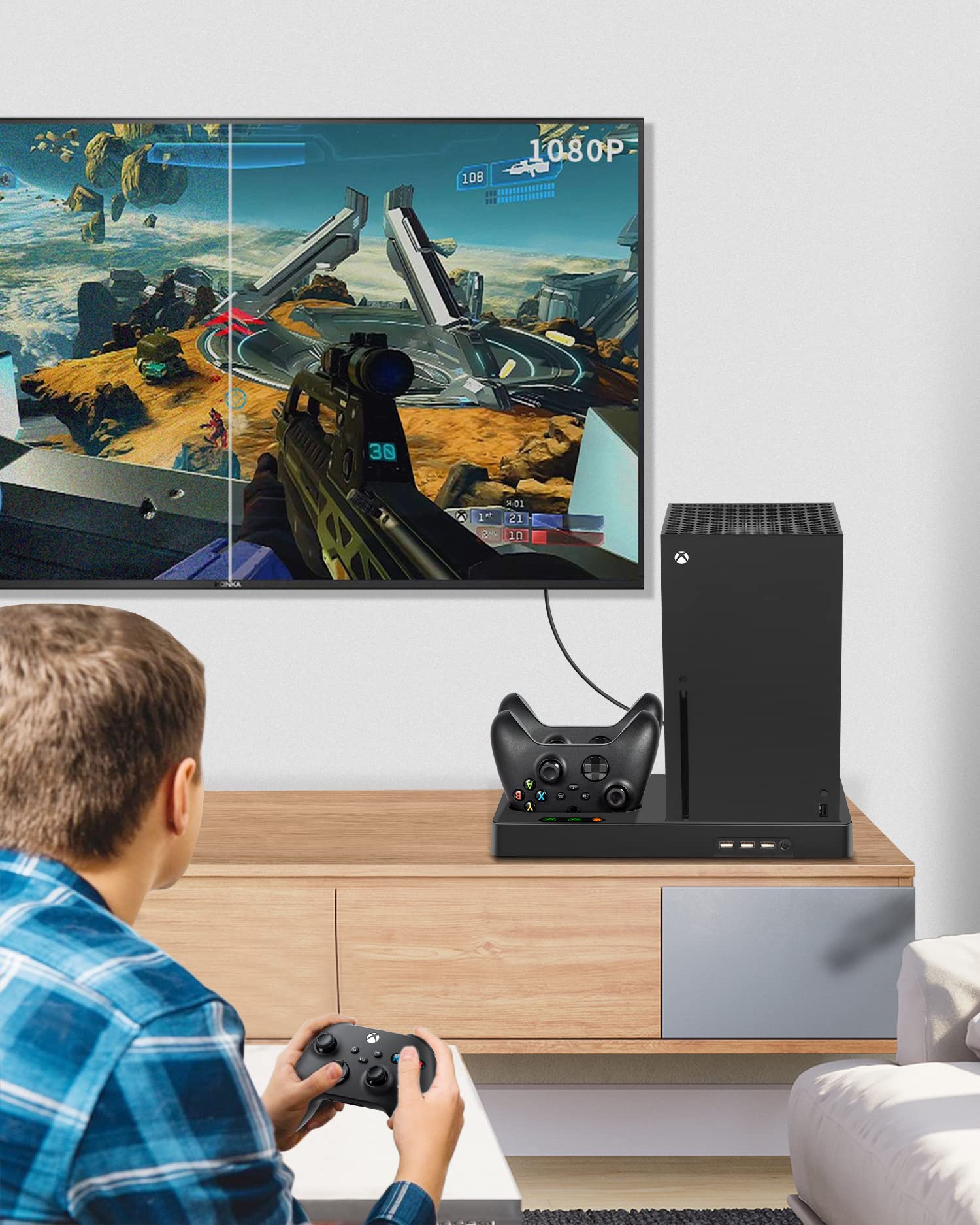 DEVASO Cooling Stand Compatible with Xbox Series X, Charging Station Dock with 2 Rechargeable Battery Pack and Dual Controller Charger Ports,3 Extra USB Ports, Black
