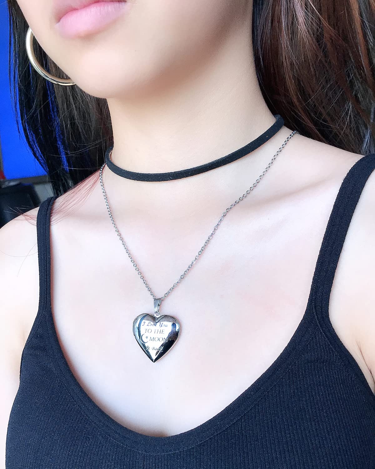 YOUFENG Love Heart Locket Necklace That Holds Pictures Engraved Always in My Heart Memories Photo Lockets (Moon & Back locket)