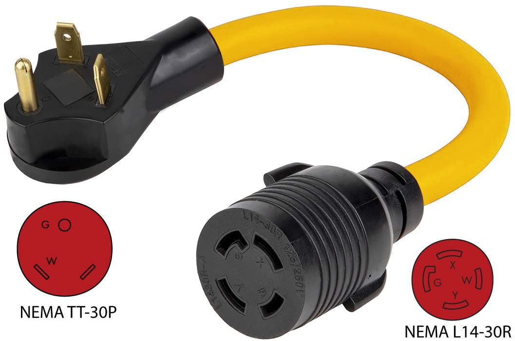 GenInterlock Generator Adapter Cord TT-30P Male to L14-30R Female, 30 Amp 3 Prong to 4 Prong Generator Plug Adapter, RV Generator Plug to Home Power Inlet