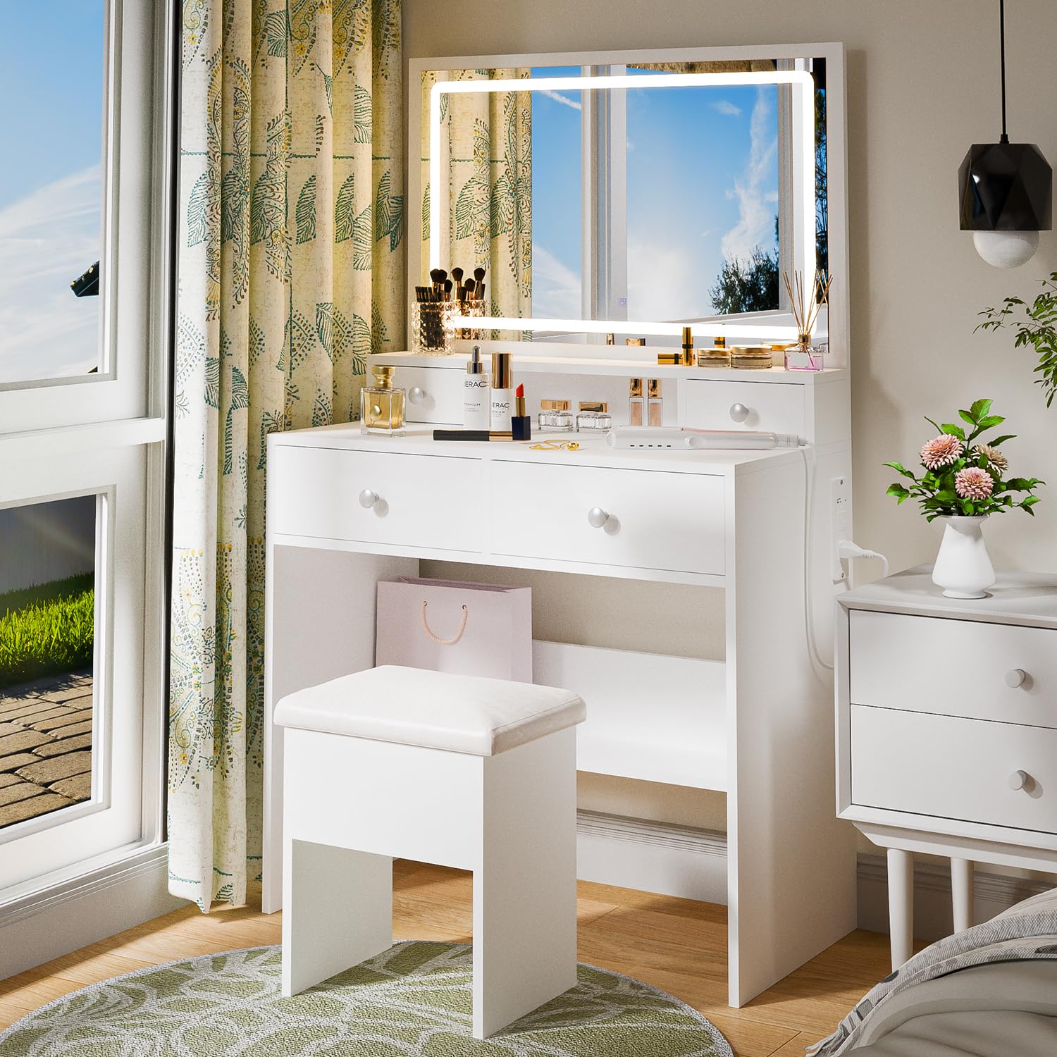 Haewon Vanity Desk with Mirror and Lights, Makeup Vanity Set with 4 Drawers, Power Outlets, and USB Ports, White Vanity with LED Vanity Mirror