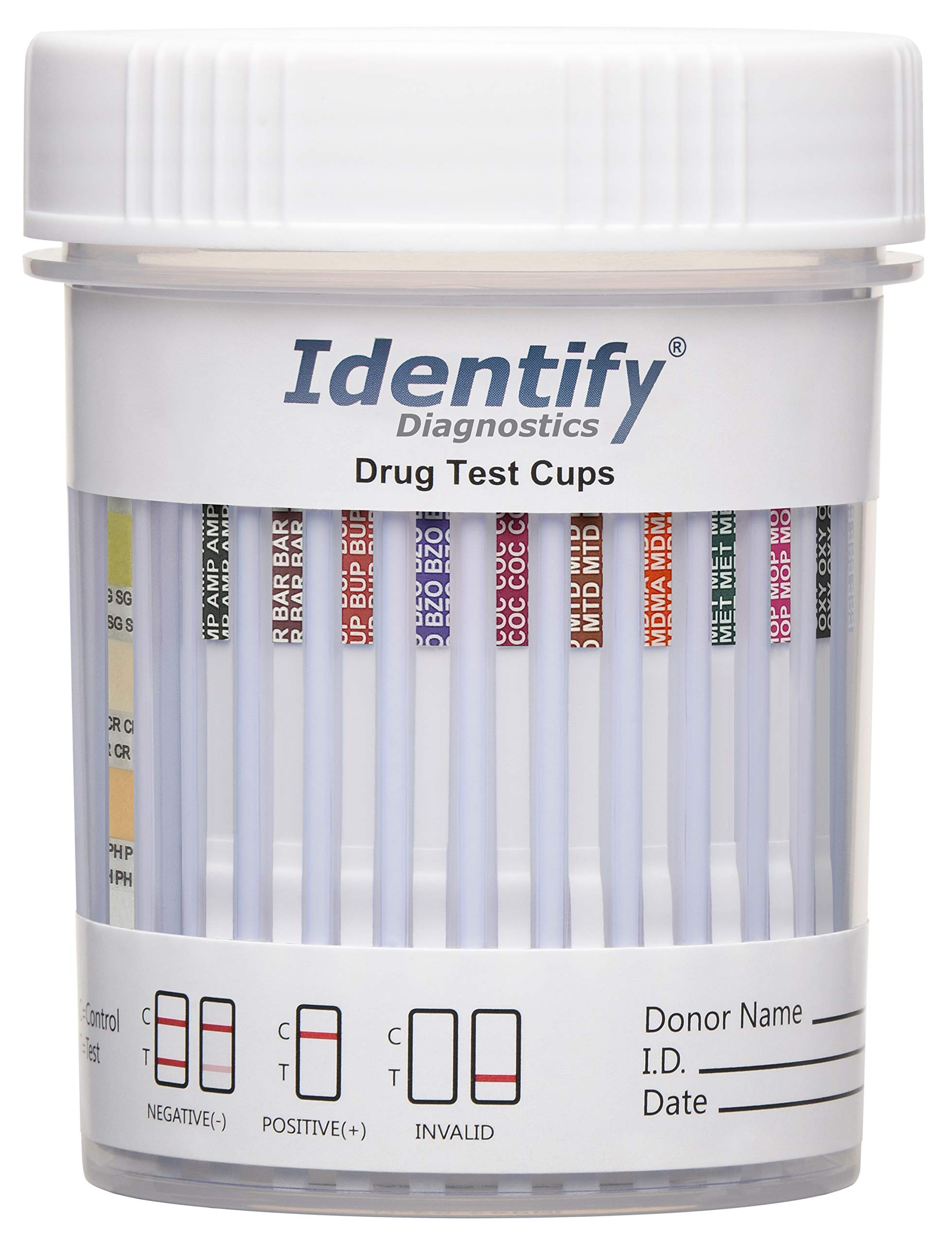 Identify Diagnostics Drug Test Cups - 25 Pack - 12 Panel CLIA Waived Instant Urine Drug Test Kit with 3 Adults for AMP,BAR,BUP,BZO,COC,MDMA,MET,MOP/OPI,MTD,OXY,PCP,THC