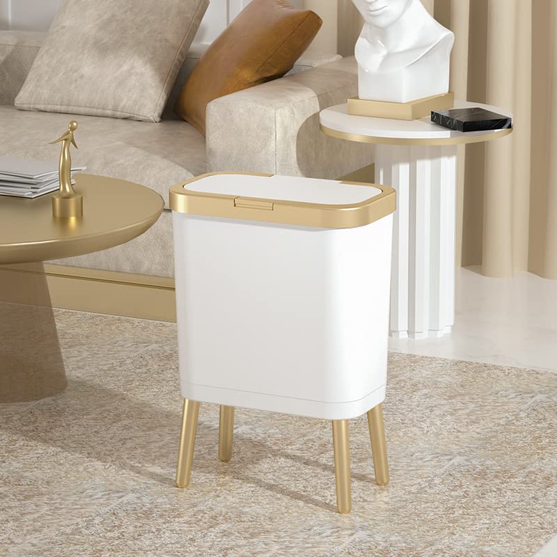 Huaqinglian 4Gallon Bathroom Trash Can with Lid, Small Kitchen Garbage Can,Slim Bedroom Trash bin Wastebasket Plastic for Office/Toilet/Living Room(White with Gold Edge)