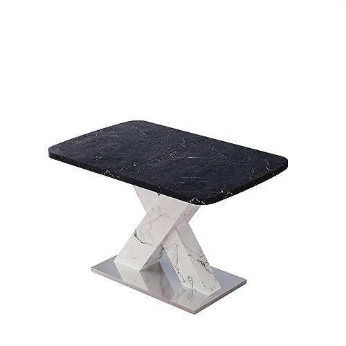 Modern Marble Top Dining Table, Extendable Dining Table for 4-6, Expandable Dining Table with Crossed Pedestal Base, Large Dining Table for Dining Room Kitchen (Black Top+White Leg)