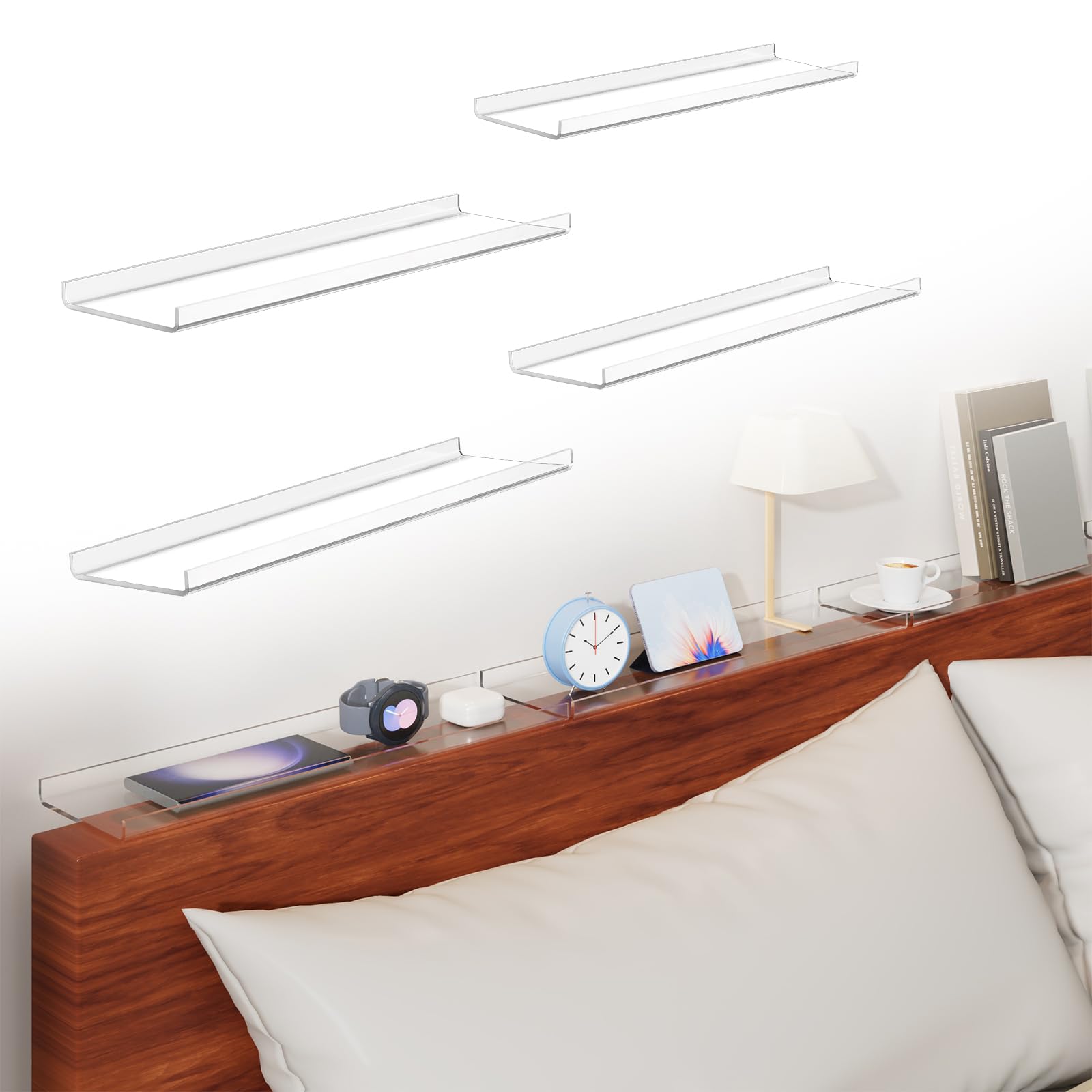 LUOLAO Clear Acrylic Floating Headboard Shelf Set of 4, Bed Caddy and Bedside Shelf Easily Expand Space, Bedside Storage Platform and Organizer for Dorm Room and Bunk Bed, Adhesive Shelf