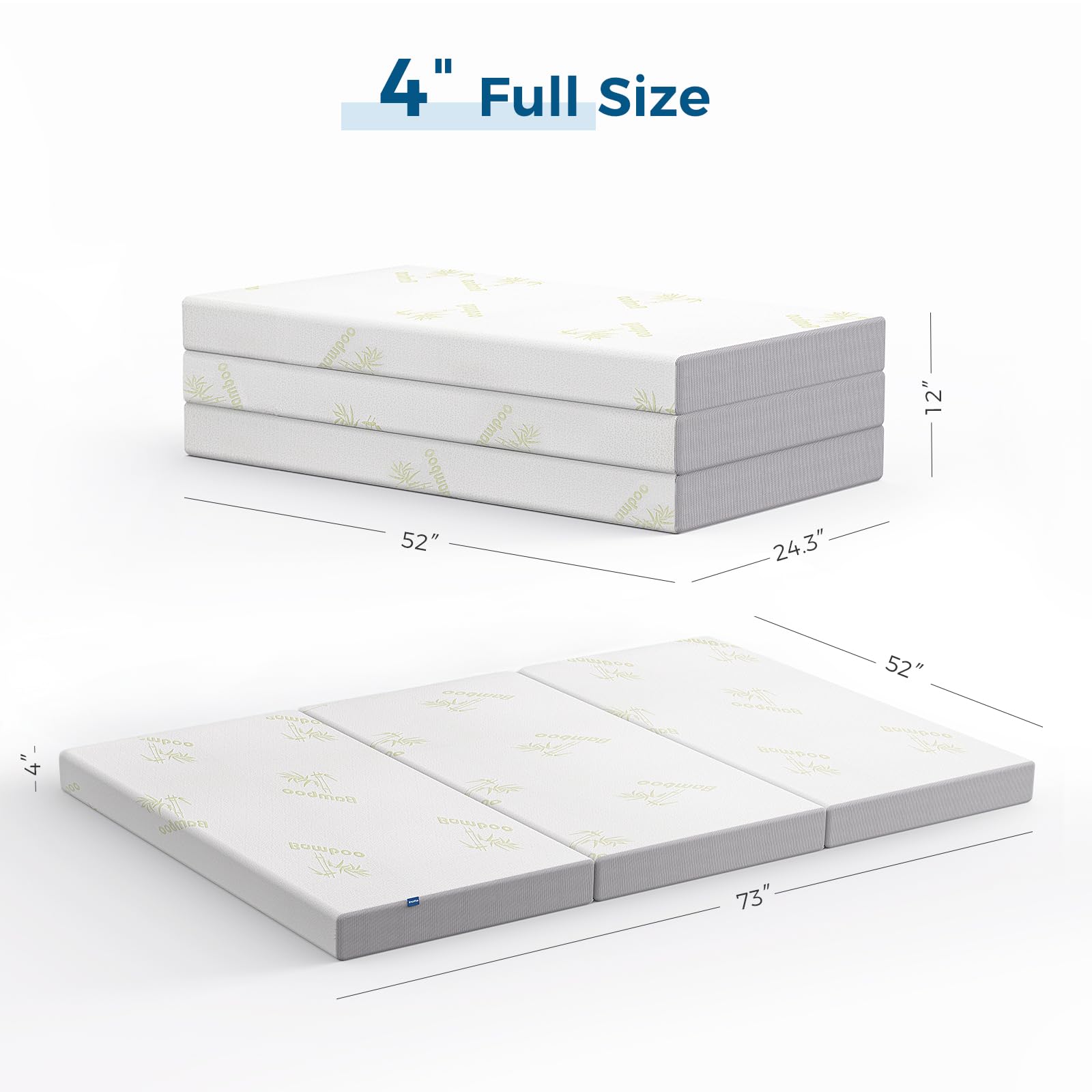 Inofia Full Folding Mattress, 6 Inch Trifold Memory Foam Mattress with Bamboo Cover - Portable for Camping, Guest, Foldable Floor Bed, Full Size (75" x 54" x 6")