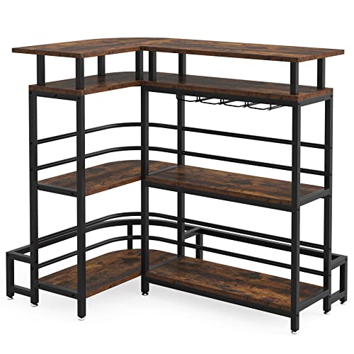 Tribesigns Home Bar Unit, L-Shaped Liquor Bar Table with 4 Glasses Holders and 4 Tier Shelves, Wine Bar Cabinet Mini Bar for Home Kitchen Pub, Freestanding Coffee Bar Table with Footrest, Rustic Brown