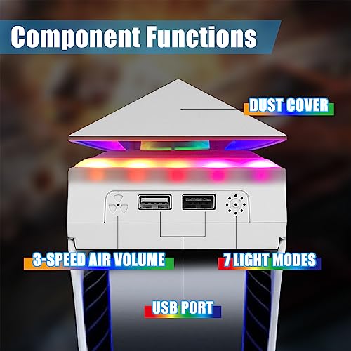 Raryars Console Cooling Fan with Dust Cover Colorful LED Light for PS5 Console Disc Edition & Digital Edition Silent Absorb Fan Cooler with 2 USB Port Playstation 5 Cooling System