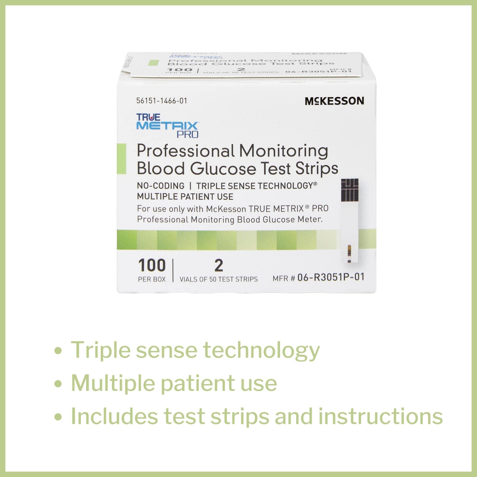 McKesson TRUE METRIX PRO Professional Monitoring Blood Glucose Test Strips - No Coding, Triple Sense Technology, Multiple Patient Use - Vials of Strips, 100 Strips, 3 Packs, 300 Total