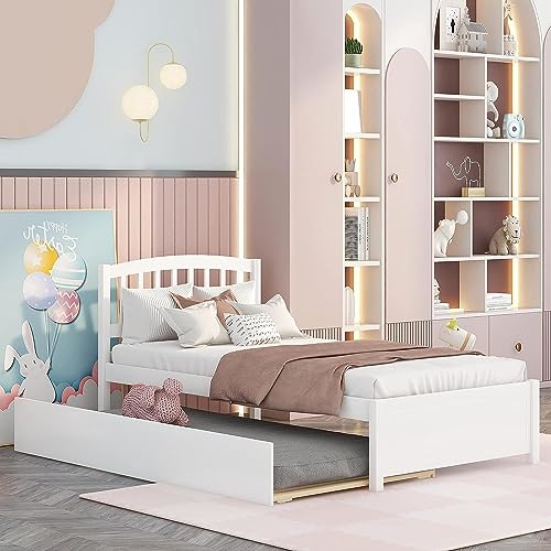 Harper & Bright Designs Twin Bed Frame with Trundle, Twin Bed Frame with Headboard, Wood Twin Platform Bed with Pull Out Trundle for Kids, Guest Room,No Box Spring Needed,White