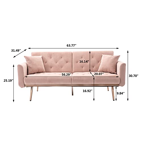 HBHM Velvet Accent Sofa, Loveseat Mid Century Modern Velvet Fabric Couch, Convertible Futon Sofa Bed, Recliner Couch Accent Sofa Loveseat Sofa with Gold Metal Feet,Pink