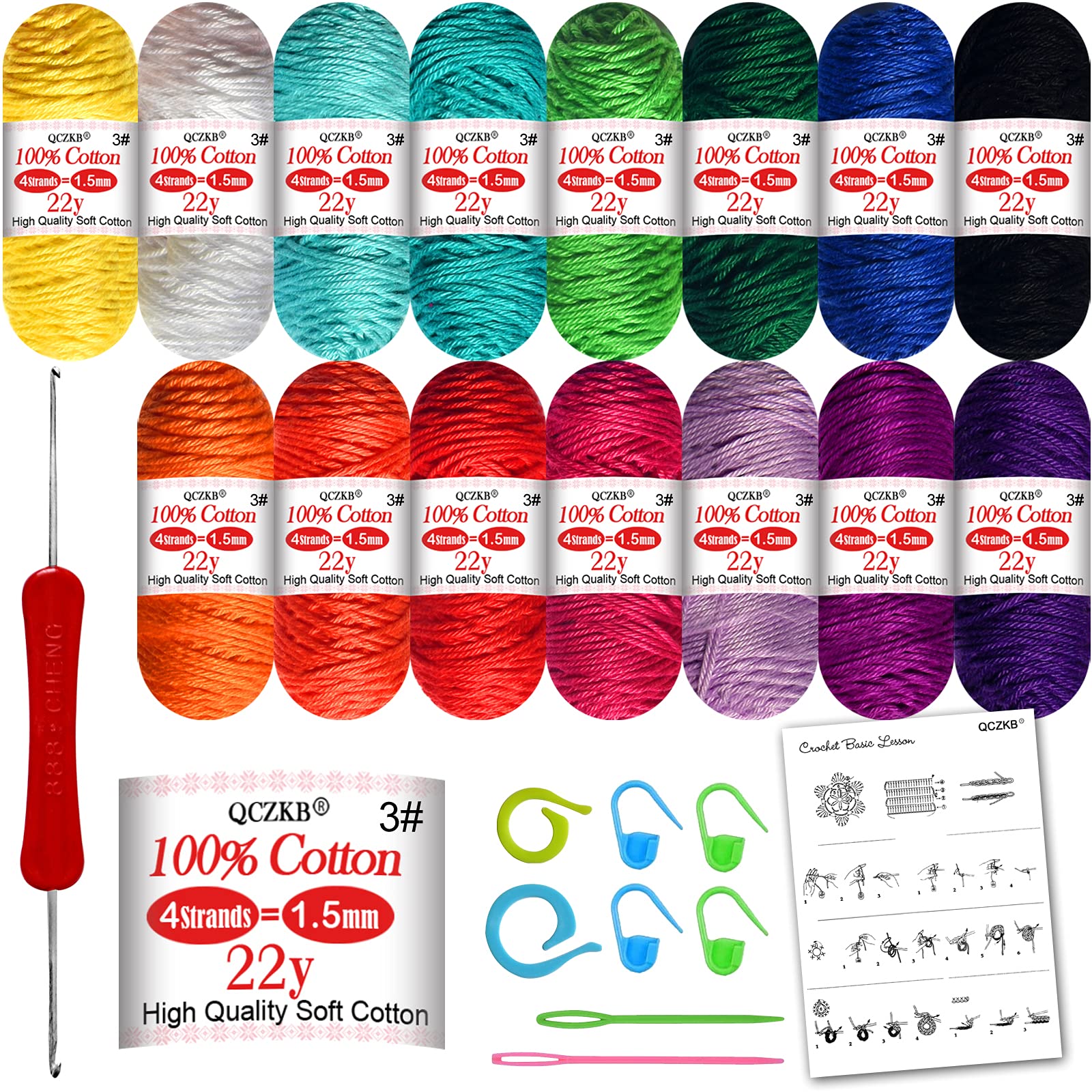 Crochet Yarn kit, 15 pcs Cotton Yarn Skeins for Crochet and Knitting with 9 Crochet Hook Set – Ideal Beginner Kit