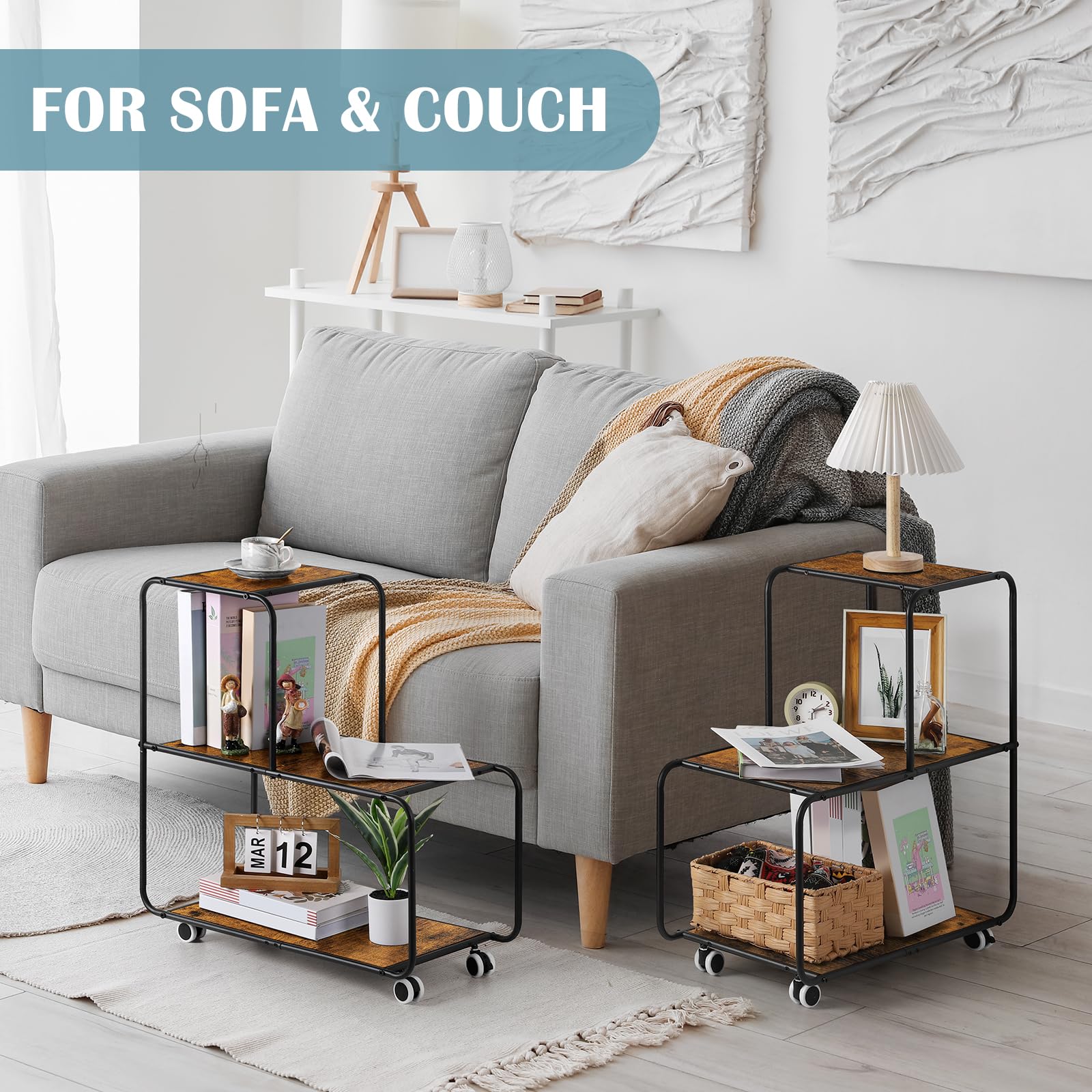 Luplom Side Table Set of 2, Couch End Tables for Small Spaces Narrow Bedside Table Chair Side Table with Wheels and Storage Dark Brown Night Stand for Bedroom Living Room, Rustic Brown
