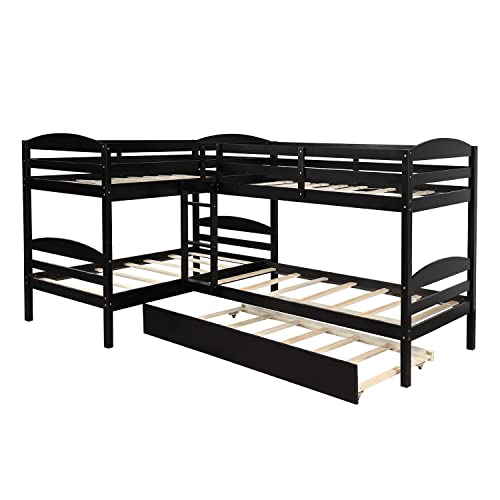 Harper & Bright Designs Quad Bunk Bed with Trundle, L Shaped Bunk Bed for 4 Kids, Wooden Twin Bunk Bed Frame for Kids Teens Adults - Espresso