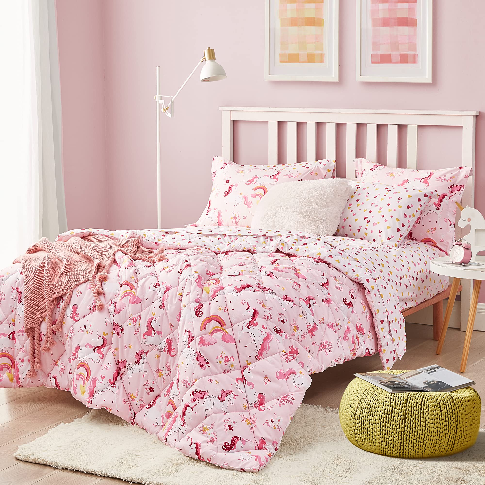 UMCHORD Unicorn Kids Bedding Set for Girls, 5 Pieces Twin Size Bed in a Bag, Super Soft Lightweight Comforter Set with Sheets, Durable Children Bed Set