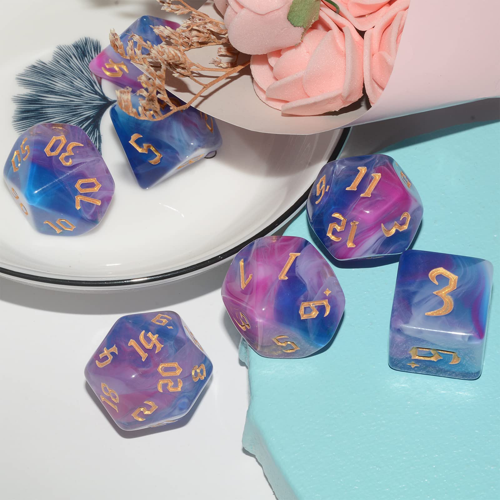 DND Dice 7Pieces, Purple Blue White Mixed Polyhedral DND Dice for RPG MTG Table Game Dice
