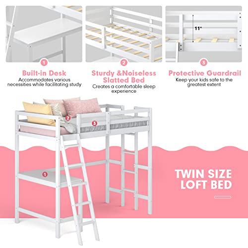 KOMFOTT Twin Loft Bed with Desk, Solid Wood Loft Bed Frame with 2 Ladders, Safety Guardrail for Teenagers and Adults, Space-Saving Loft Bed with Wooden Slats Support, No Box Spring Needed (White)