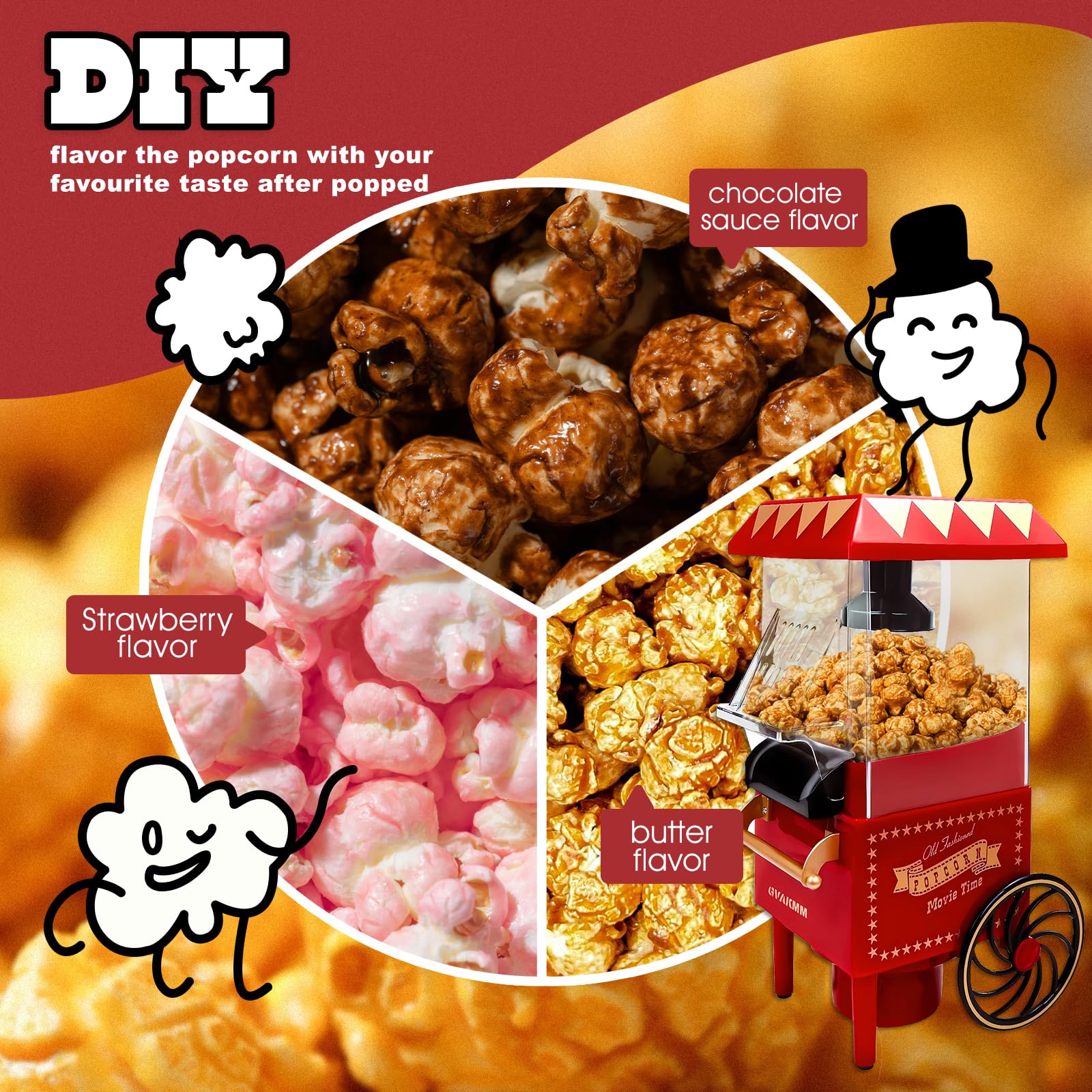 GVAKMM Popcorn Machine, Hot Air Popcorn Maker, Portable Home Popcorn Popper Machine, 10-Cup,Oil-Free,Retro Style,Compact and Cute