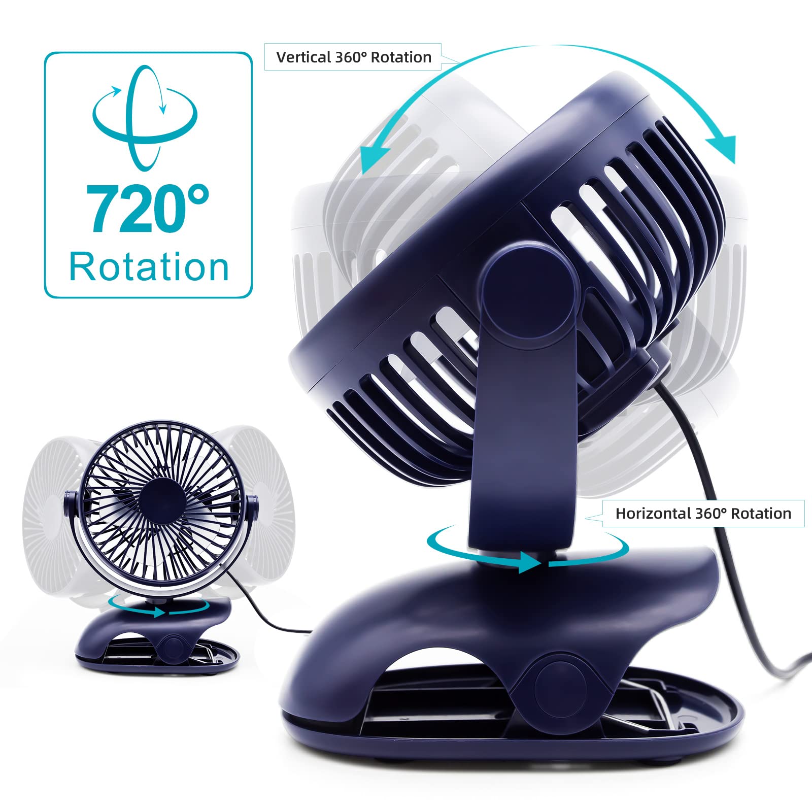 ELOUYCKE Clip on Fan, 6.7 Inch USB Small Table Fan, Portable Desk Fan with Strong Airflow, 4 Speed Adjustable, 720 Degree Rotation for Home Office Bedroom Table and Desktop (Blue)