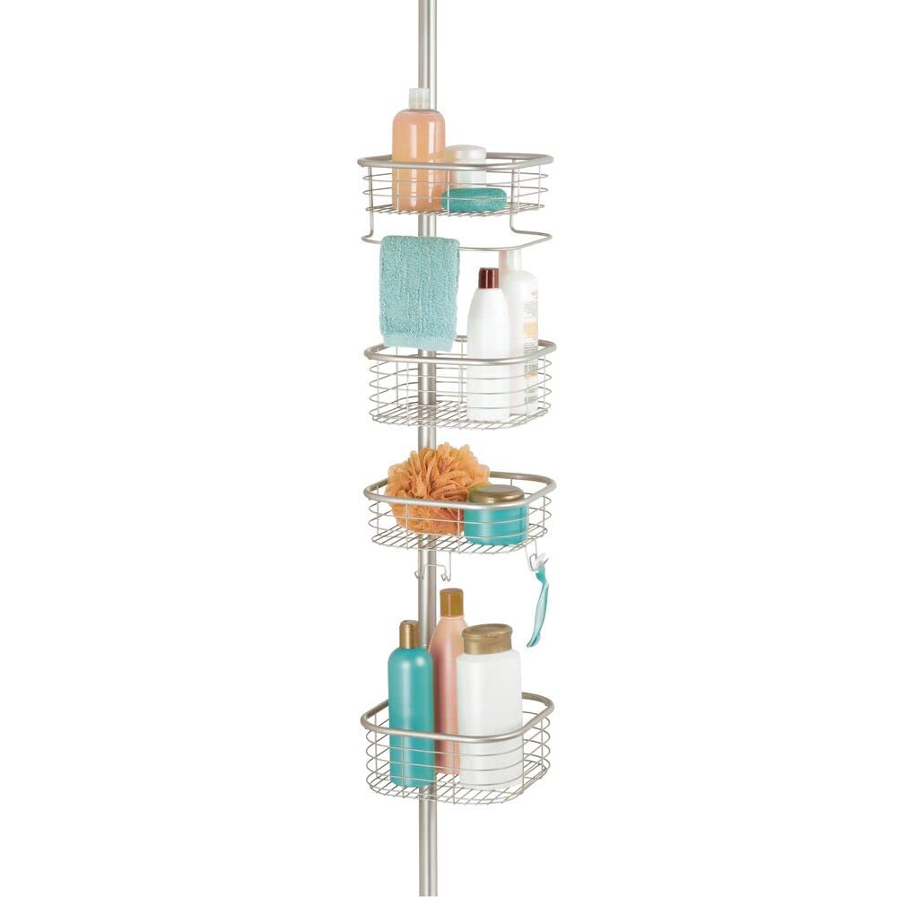 mDesign Bathroom Shower Corner Tension Pole Caddy with Adjustable Height - 4 Positionable Baskets for Organizing Shampoo, Conditioner, Shaving Cream, Soap, Loofah - Omni Collection - Satin