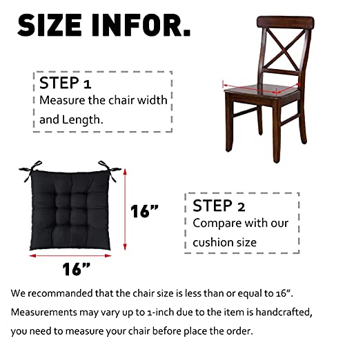 ELFJOY 4 Pack Chair Cushions for Dining Chairs 17x17 inch Seat Cushions for Kitchen Chairs Soft and Comfortable Square Chair Pads with Ties, Black