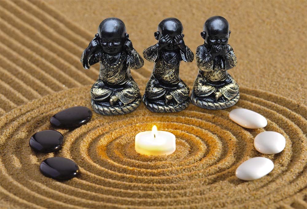 Zen Garden Meditation Garden 3 Buddha See, Speak, Hear No Evil Statues, Incense Holder, Incense, 2 Tea Light Holders, Rocks, Sand, Rake (Candles Not Included)