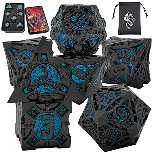 DND Dungeons and Dragons Dice with Gift Box & Dice Bag Metal Polyhedral Large D&D Dice Set for RPG MTG Pathfinder Role Playing Dice D and D Dice D20 D12 D10 D8 D6 D4 Black Flash Blue