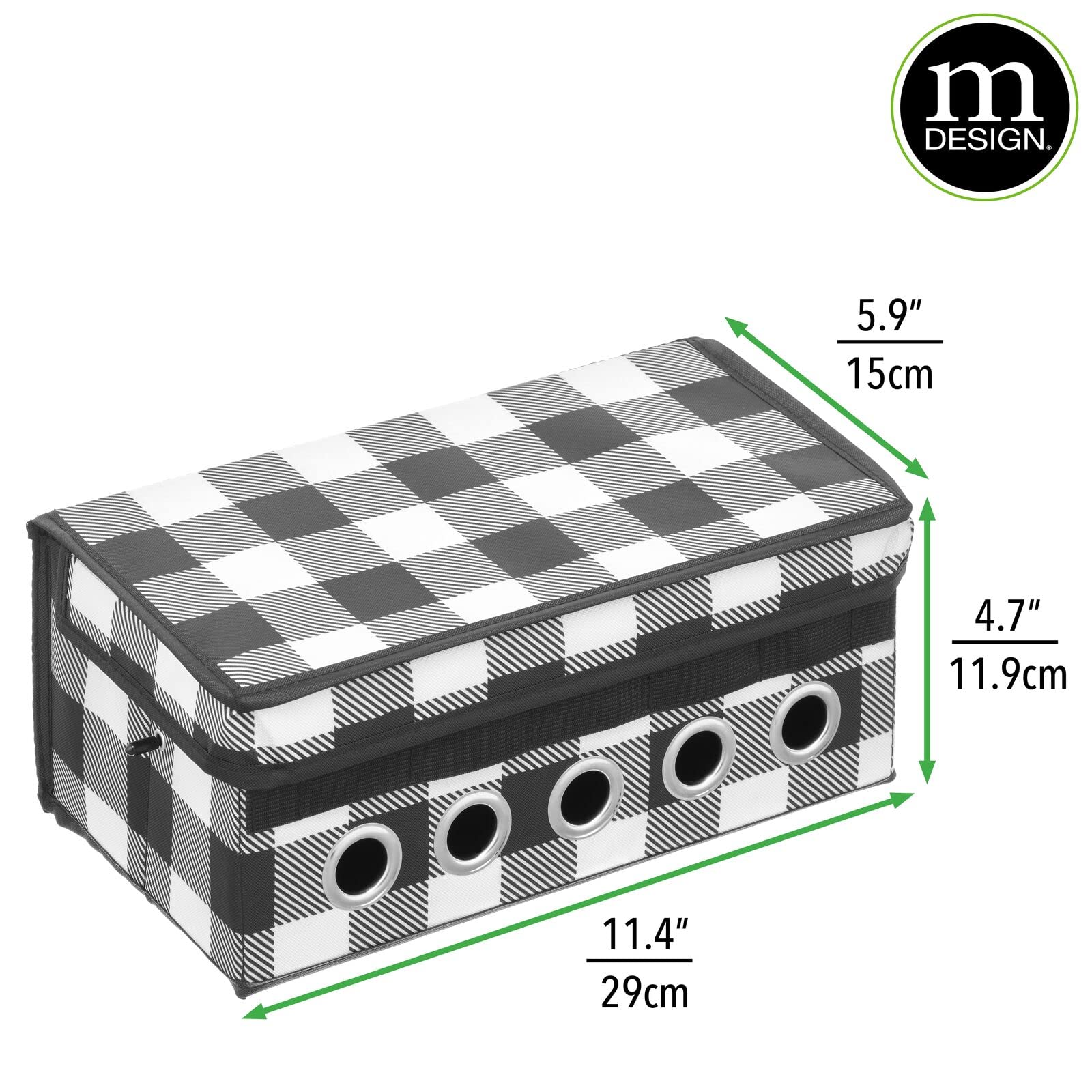 mDesign Gift-Wrapping Ribbon Storage Box with Handles - Holiday Bow Organizer Container with Lid - Christmas Giftwrap Ribbon Holder - Gift Storage Tote Bin and Bow Station - Buffalo Plaid Black/White