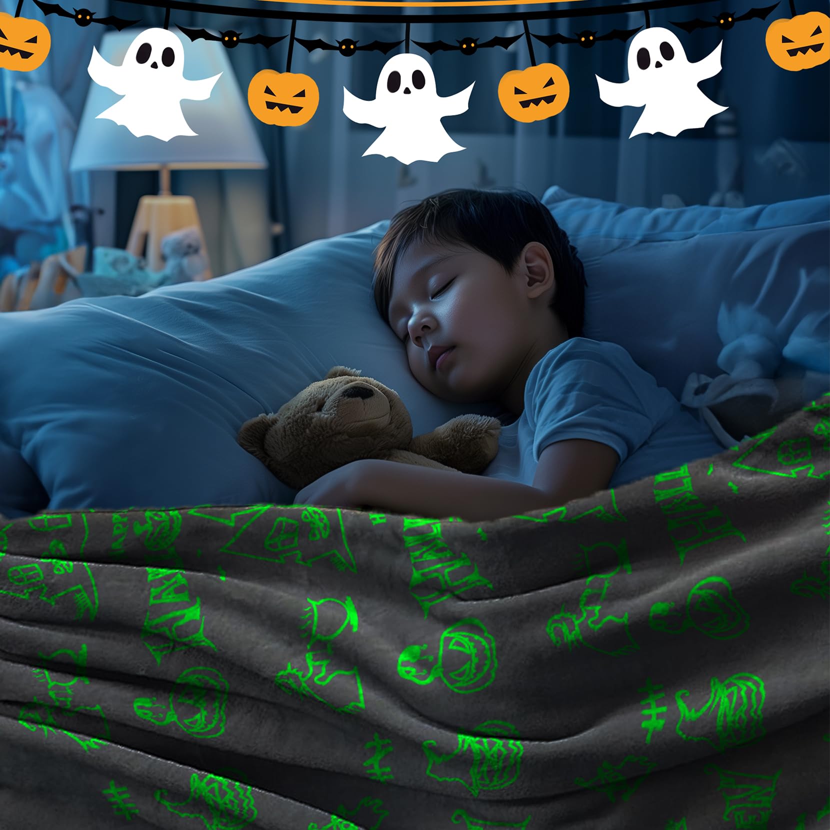 Halloween Blanket 50 x 60'' Pumpkin Plush Blanket- Soft Fleece Halloween Throw Blanket,Glow in The Dark Blanket for Kids & Home Decor (Orange)