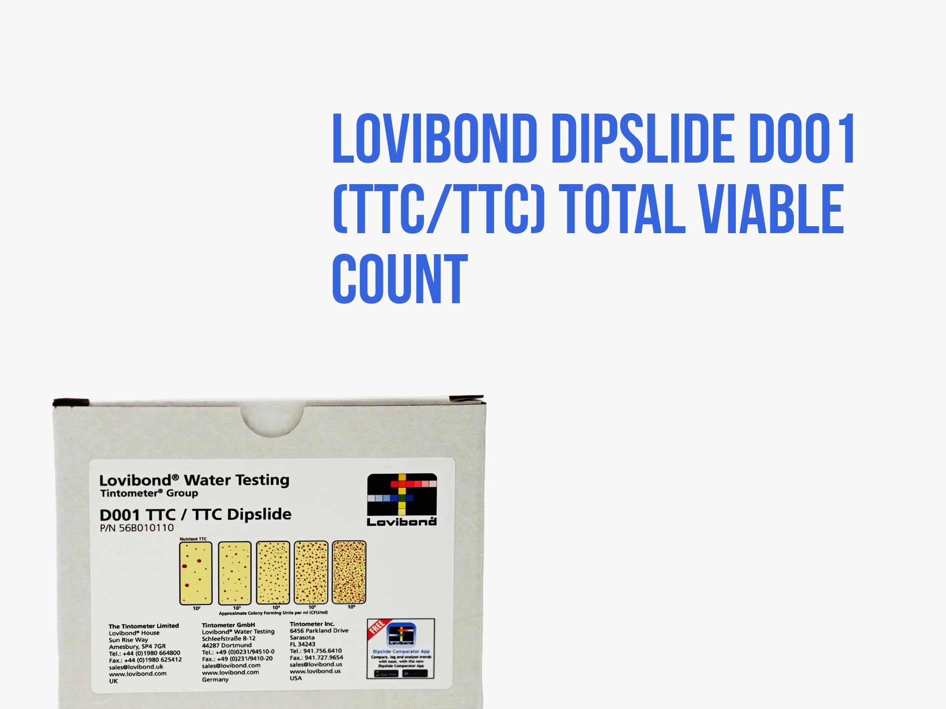Lovibond 56B010110 Dipslide: D001 TTC/TTC, Total Viable Count (TVC) in Waters and Surfaces, 10/pk