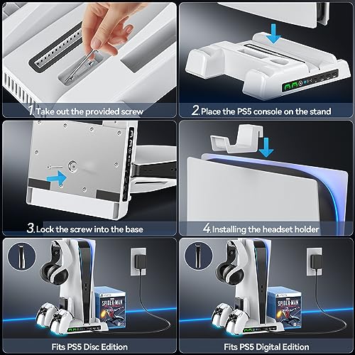 PS5 Stand and Cooling Station with AC Adapter, PS5 Cooling Fan with RGB LED Controller Charging Station for Playstation 5 Console, PS5 Accessories with Controller Charger, 3 USB Hub, Headset Holder