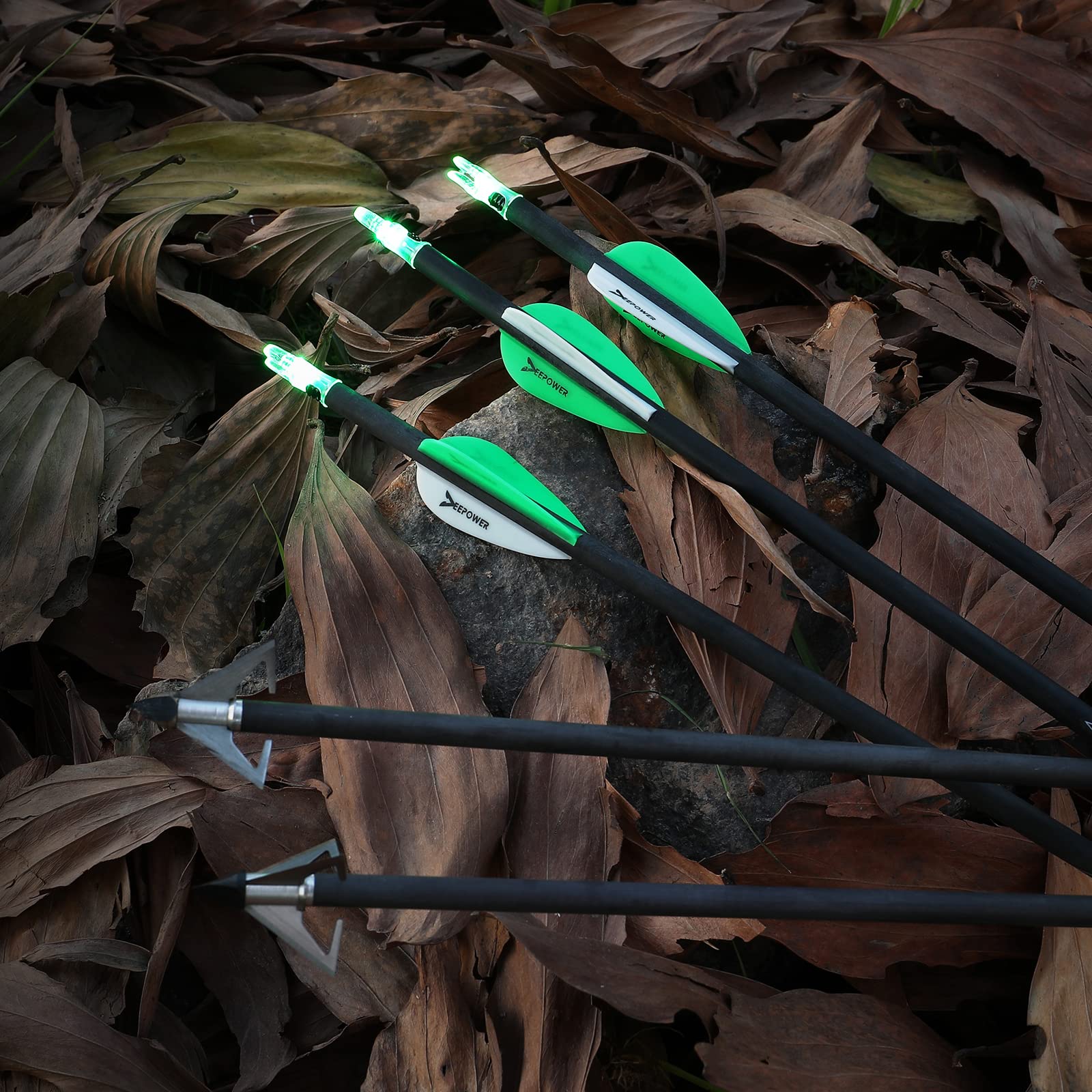 DEEPOWER 100% Carbon Arrows 31 inch with 6.2mm Lighted Nocks 100Grain Broadheads 6 Pack Spine 350/400/500 with Removable Tips for Compound Bow and Recurve Bow