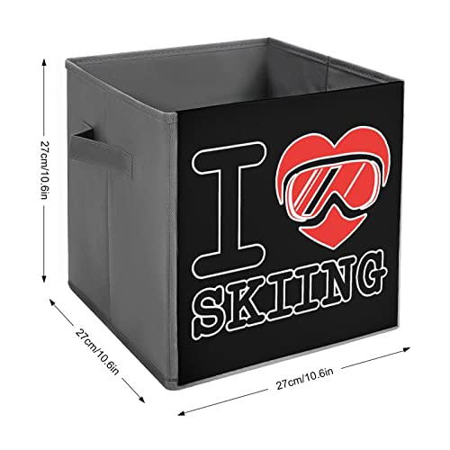 I Love Skiing Foldable Storage Bins Printd Fabric Cube Baskets Boxes with Handles for Clothes Toys, 11x11x11