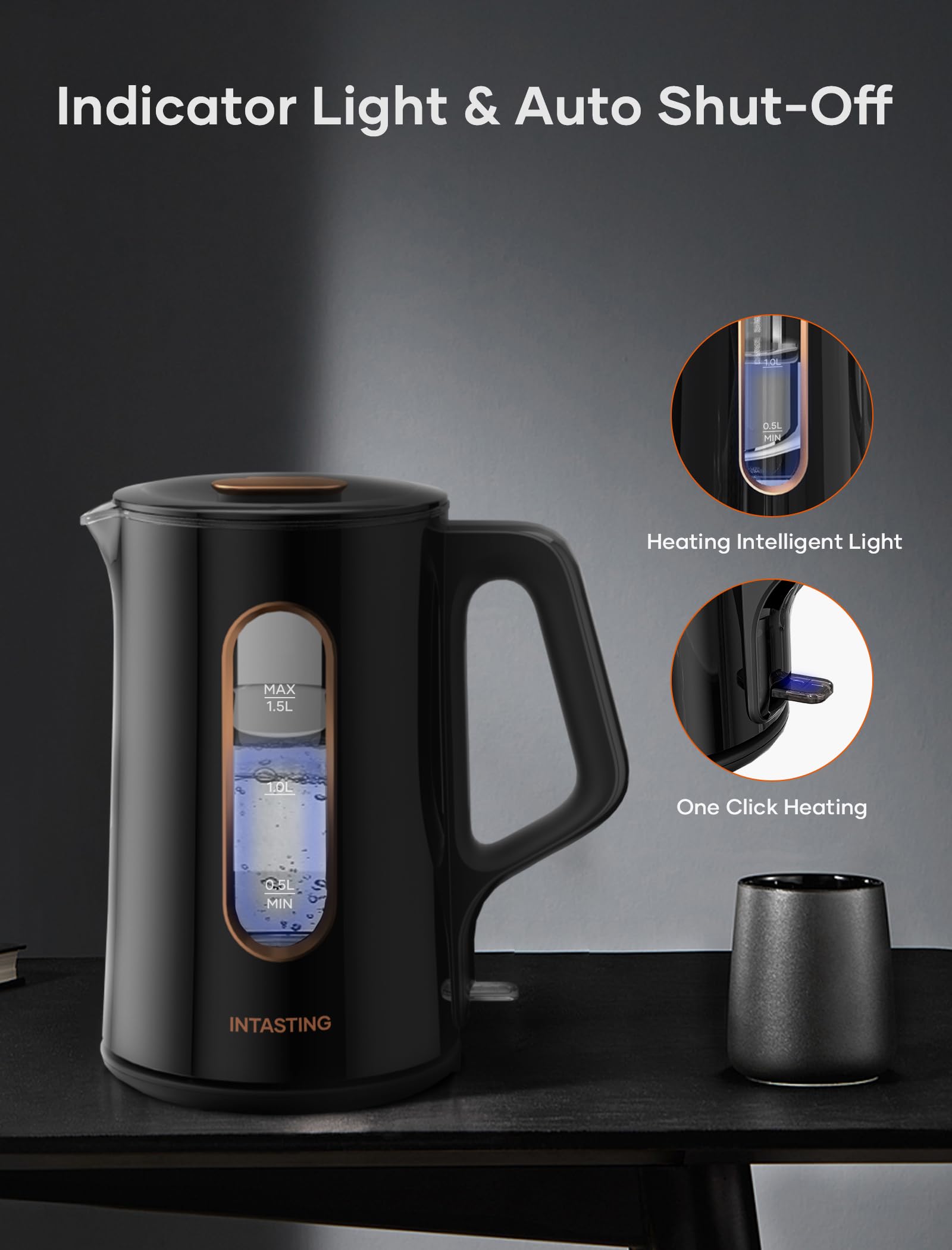 INTASTING Electric Kettle, Double Wall Glass Inner, Hot Water Boiler Heater Pot, 1.5-Liter, 1200 Watts for Fast Boiling, 53oz BPA Free, Glossy Black