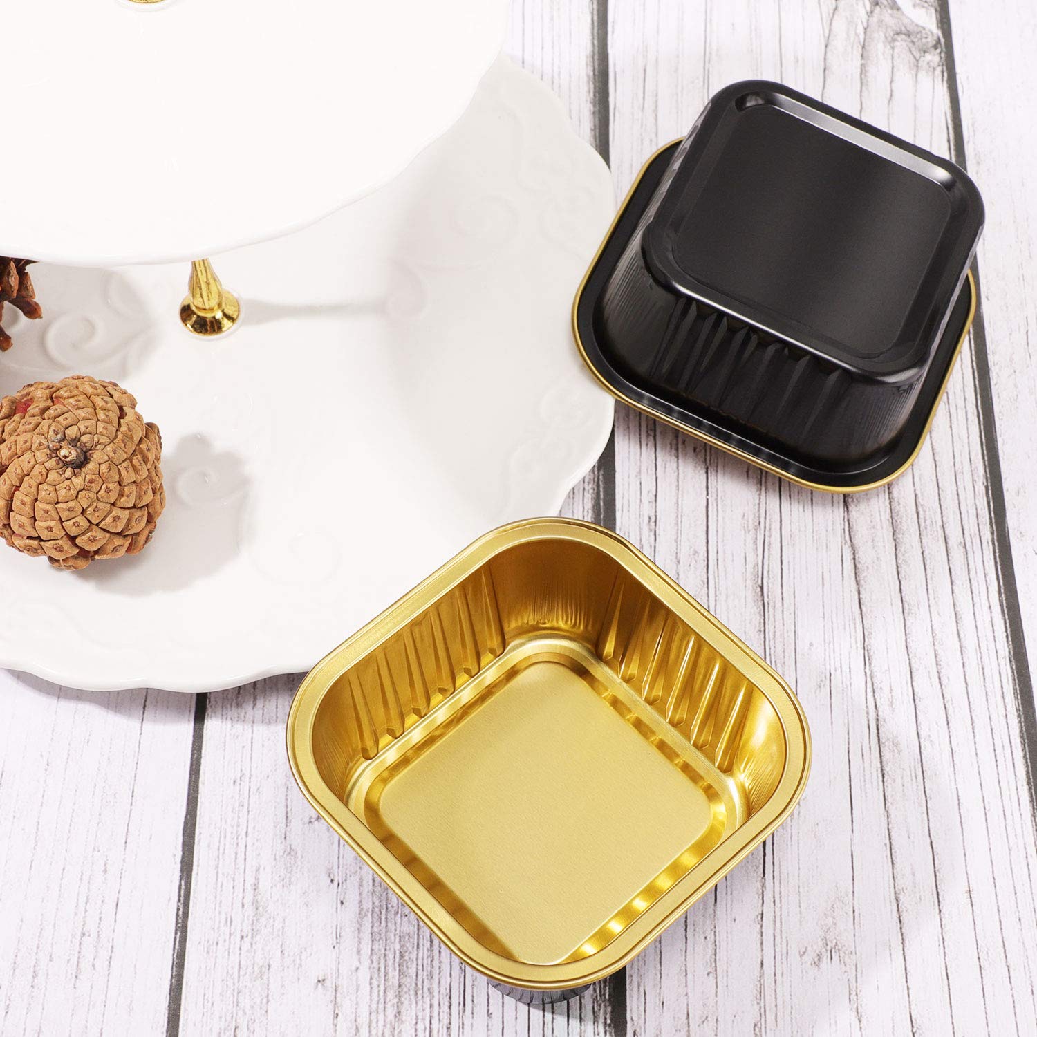 EUSOAR Cupcake Liners with lids, 5oz 50pcs Square Disposable Desserts Flan, Baking Cups with Lids, Aluminum Foil Cupcake Flan, Muffin Liners, Custard Cake Cups, Catering Gathering Favor-Black Gold