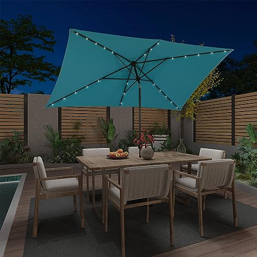 MONDAWE Outdoor Solar LED Patio Umbrella 10 x 6.5 FT Rectangular Market Umbrella with Lights, Tilt and Crank Aluminum Commercial Table Umbrella for Pool Backyard Balcony