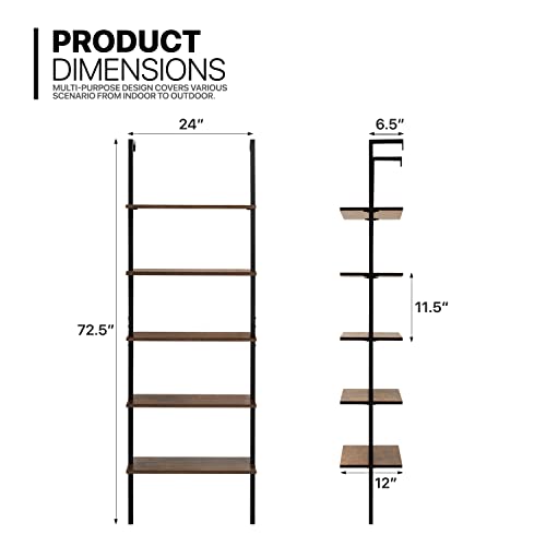 MoNiBloom 5-Tier Bookshelf Wall Mounted, 72 Inches Ladder Shelf with Metal Frame for Living Room Decor and Storage, Rustic Brown
