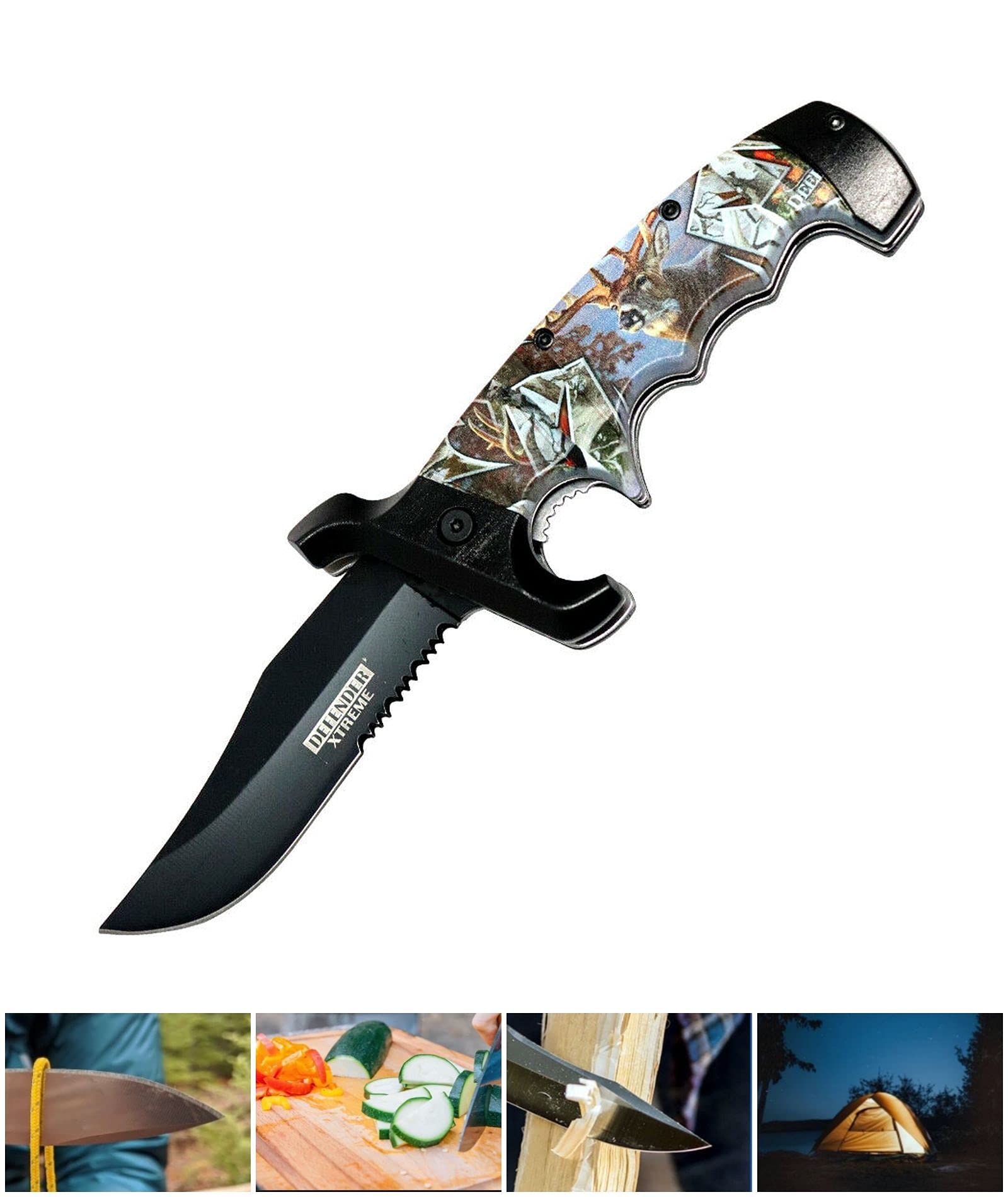 Defender-Xtreme 9" Stag Hunt Handle Open Folding Pocket Knife With Belt Clip Outdoor Survival Hunting Knife for Camping by Survival Steel