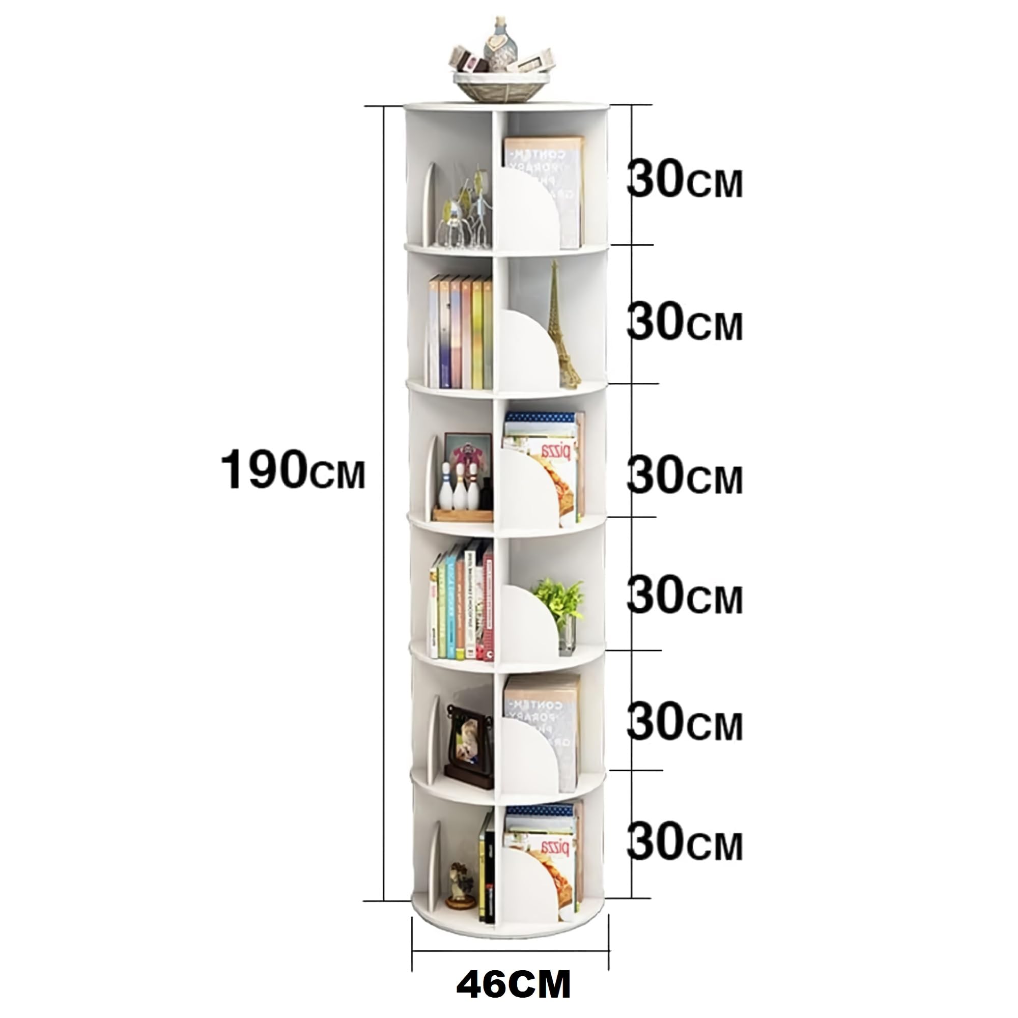 INTEXCA & DESIGN 6 Tier Rotating Bookshelf, 360° Wood Rotating Stackable Shelves Bookshelf Organizer for Home, Bedroom, Office (White)
