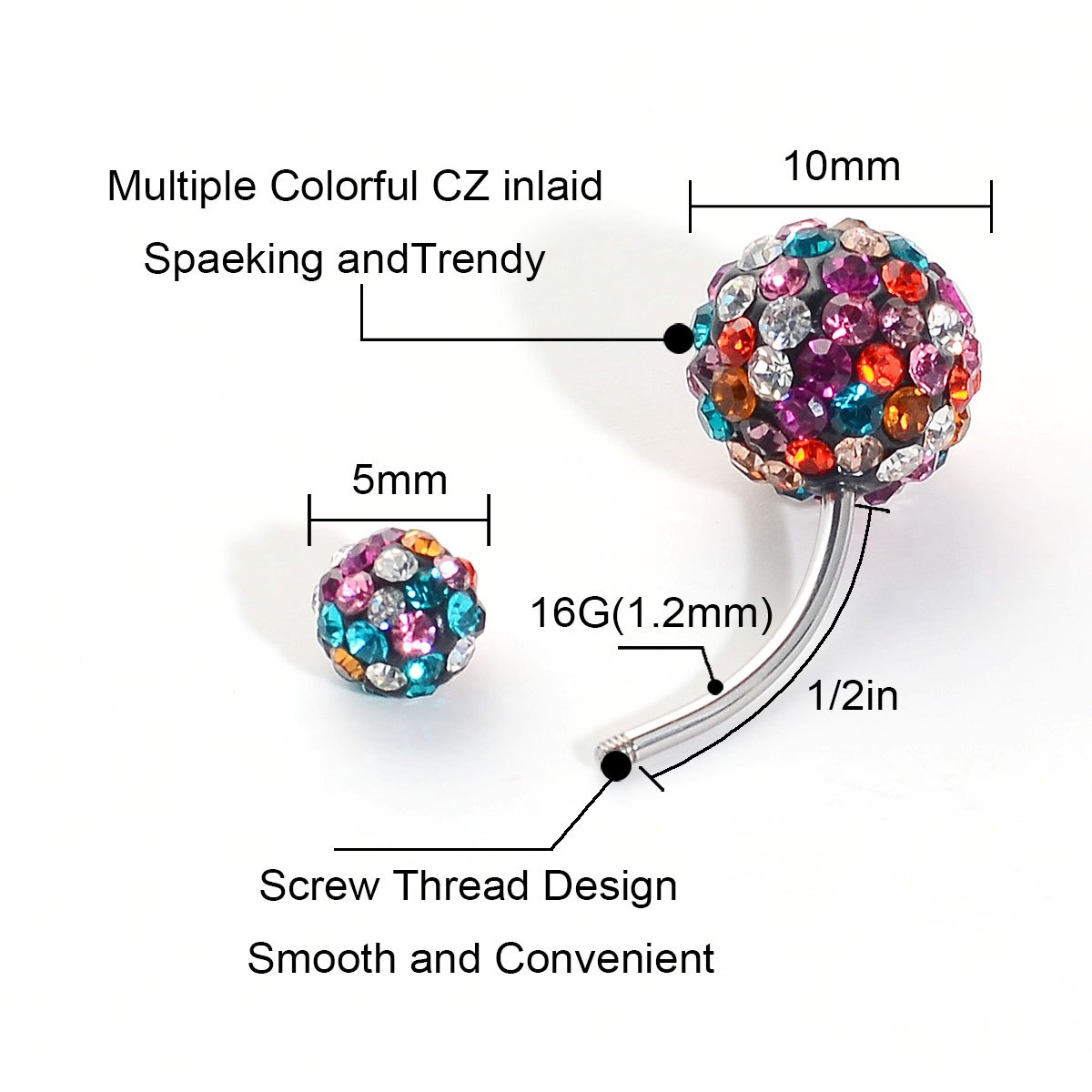 CrazyPiercing Crystal Belly Button Ring, Stainless Steel Navel Piercing Ring Stud Piercing, Colorful Rhinestones Ball Navel Ring 16G
