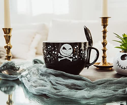 Disney The Nightmare Before Christmas Cross Bones Ceramic Soup Mug Bowl With Spoon | Holds 24 Ounces