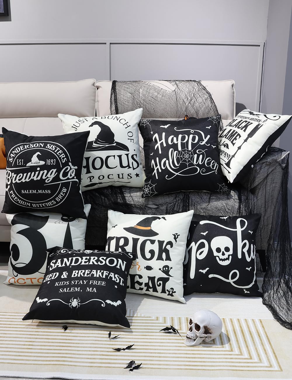 Halloween Decorations Pillow Covers Double-Side Printing 18x18 Set of 4 Halloween Decor Indoor Outdoor Hocus Pocus Farmhouse Saying Halloween Decorative Cushion Cases Spider Web Cat Skull Home Decor