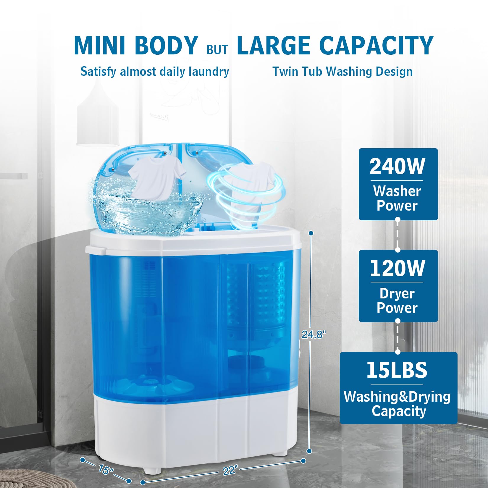Congermom Portable Twin Tub Washing Machine 15 lbs Capacity Washer and Dryer, 2 In 1 Compact Laundry Machine w/Washer and Spinner Combo and Gravity Drain Pump for Apartment,Dorms,RV Camping