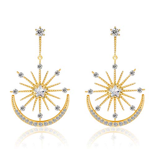 Cubic Zirconia Moon Star Drop Earrings, Simulated Diamond Long Dangle CZ Star Earring
