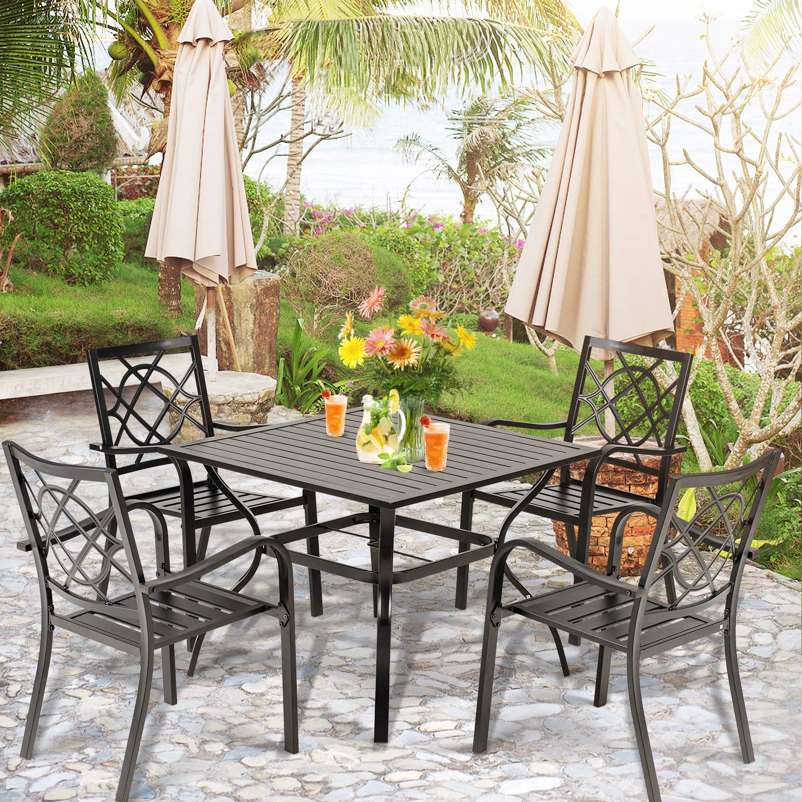 Patiomore 4 Piece Outdoor Dining Chairs 300 lbs Patio Bistro Chairs Stackable Wrought Iron Chairs with Armrest for Garden, Backyard, Balcony