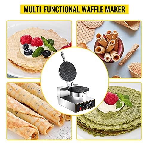 VEVOR Commercial Ice Cream Cone Waffle Maker Machine, 110V Electric Waffle Cone Machine, 1200W Stainless Steel Egg Cone Baker w/Non-Stick Teflon Coating, Temp & Time Control for Restaurant Bakeries