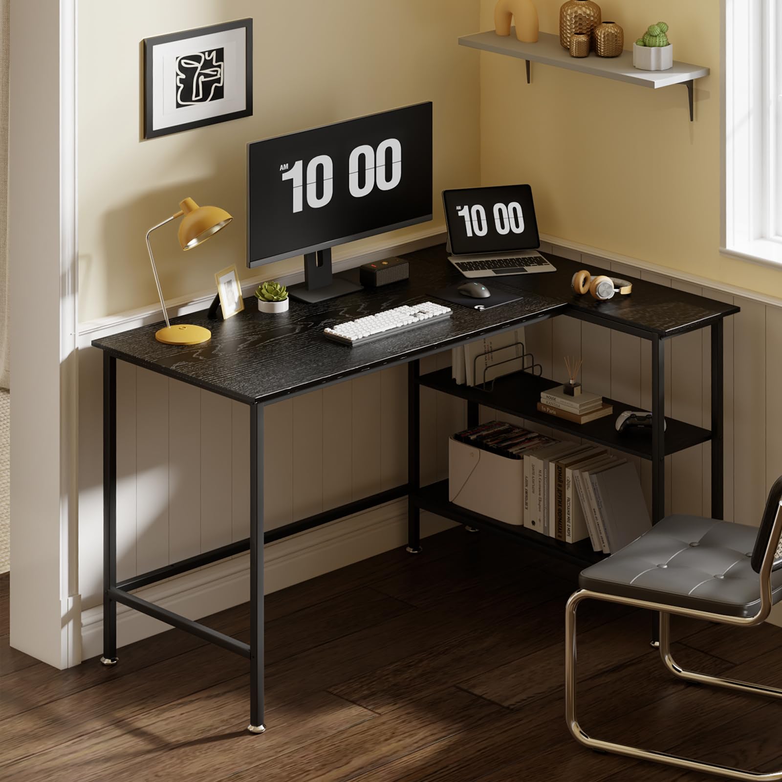 GZSHIYITECH 43" L Shaped Office Desk with Reversible Storage Shelves Can be Used as a Game Desk or Computer Desk Modern Design Corner Desk (Black)