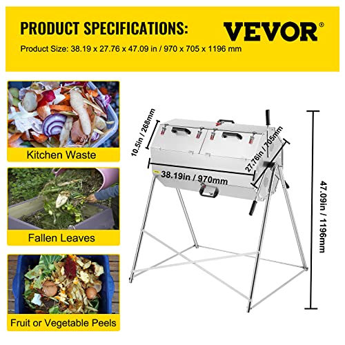 VEVOR Compost Tumbler, 71 US Gallons, Rustproof Stainless Steel Dual-Chamber Garden Composter, Heavy-Duty, All-Season Outdoor Compost Bin, Fast-Working System for Composting Kitchen & Yard Waste