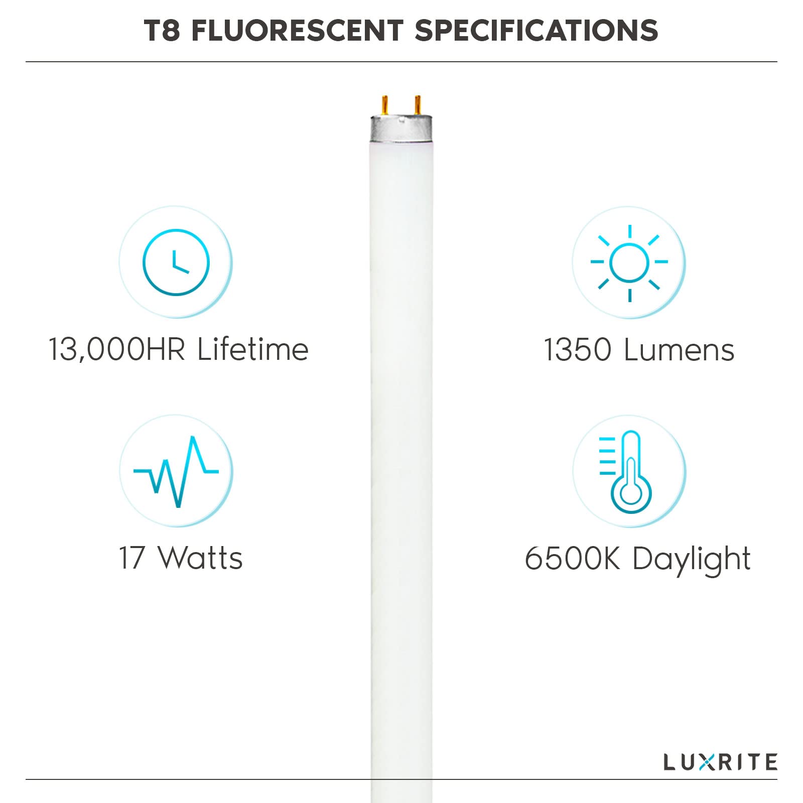 Luxrite F17T8/865 17W 24 Inch T8 Fluorescent Tube Light Bulb, 6500K Daylight, 1350 Lumens, G13 Medium Bi-Pin Base, LR20755, 4-Pack
